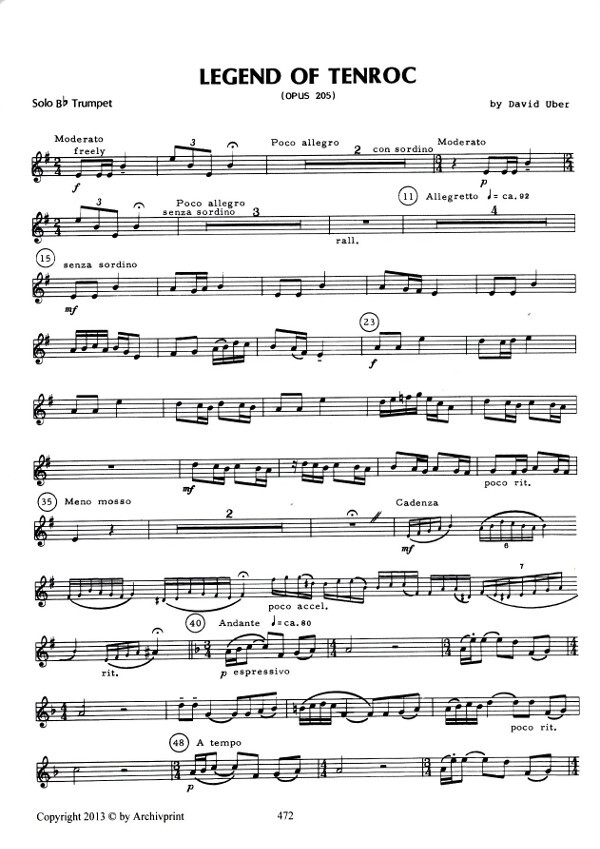 Uber, David - Legend of Tenroc für Trompete + Klavier | Köbl Edition